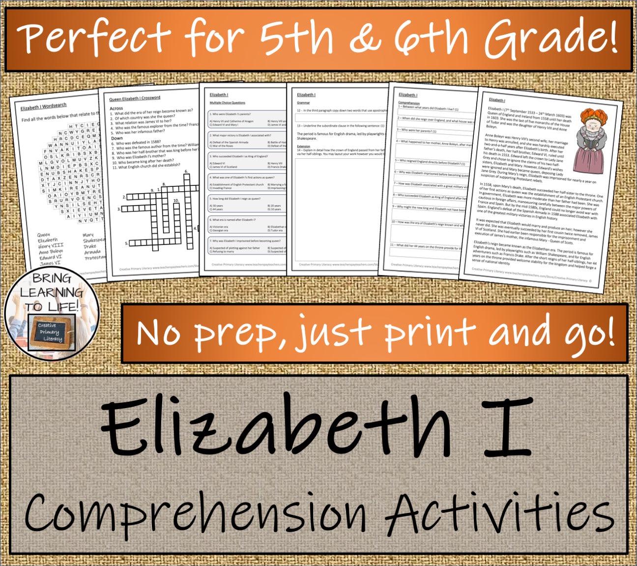 Queen Elizabeth I Close Reading Comprehension Activities | 5th Grade ...