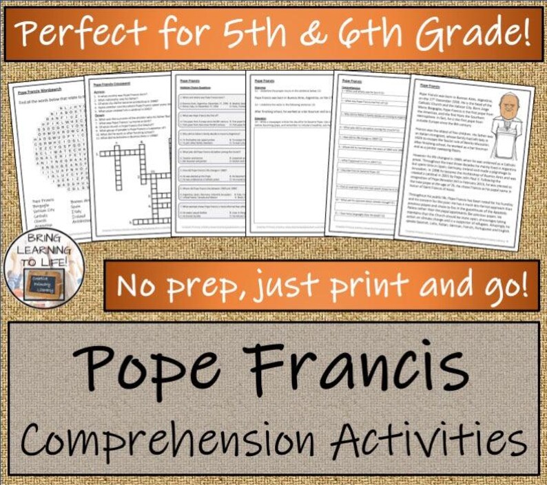 Pope Francis Close Reading Comprehension Activities | 5th Grade & 6th ...