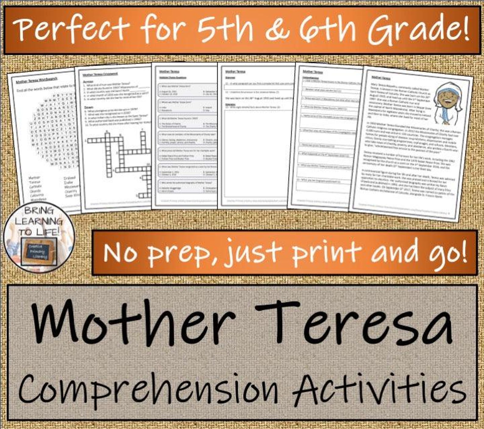 Mother Teresa Close Reading Comprehension Activities 5th Grade & 6th ...