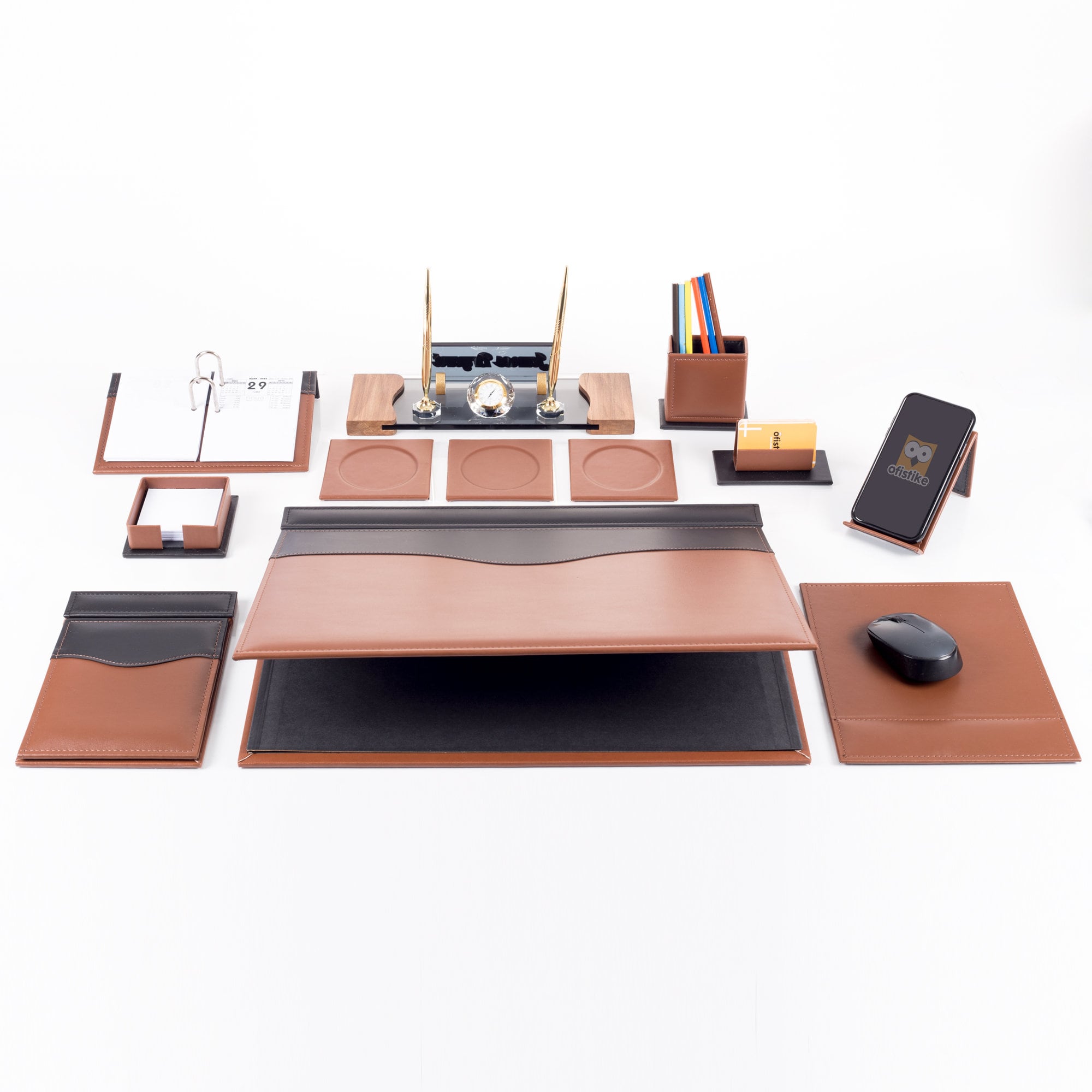 Lux Office Desk Set With Wooden Name Plate, Black Brown Leather Desk ...