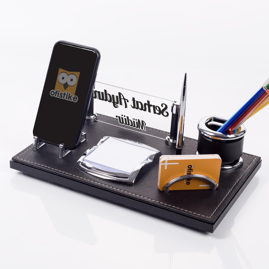 Leather Desk Organizer With Acrylic Name Plate & Phone Holder - Etsy