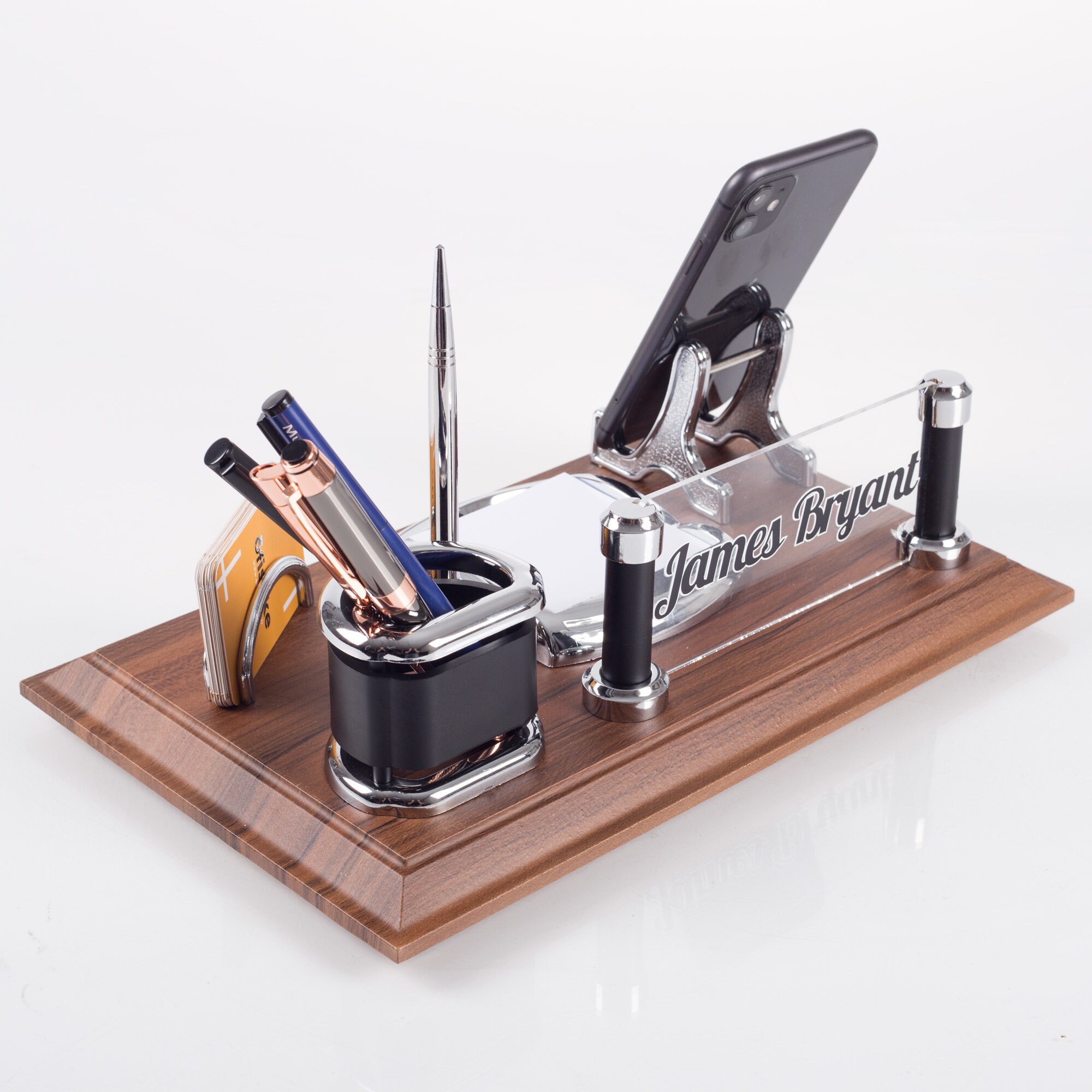 Personalized Wood Desk Organizer: Name Plate, Phone & Card Holder - Etsy