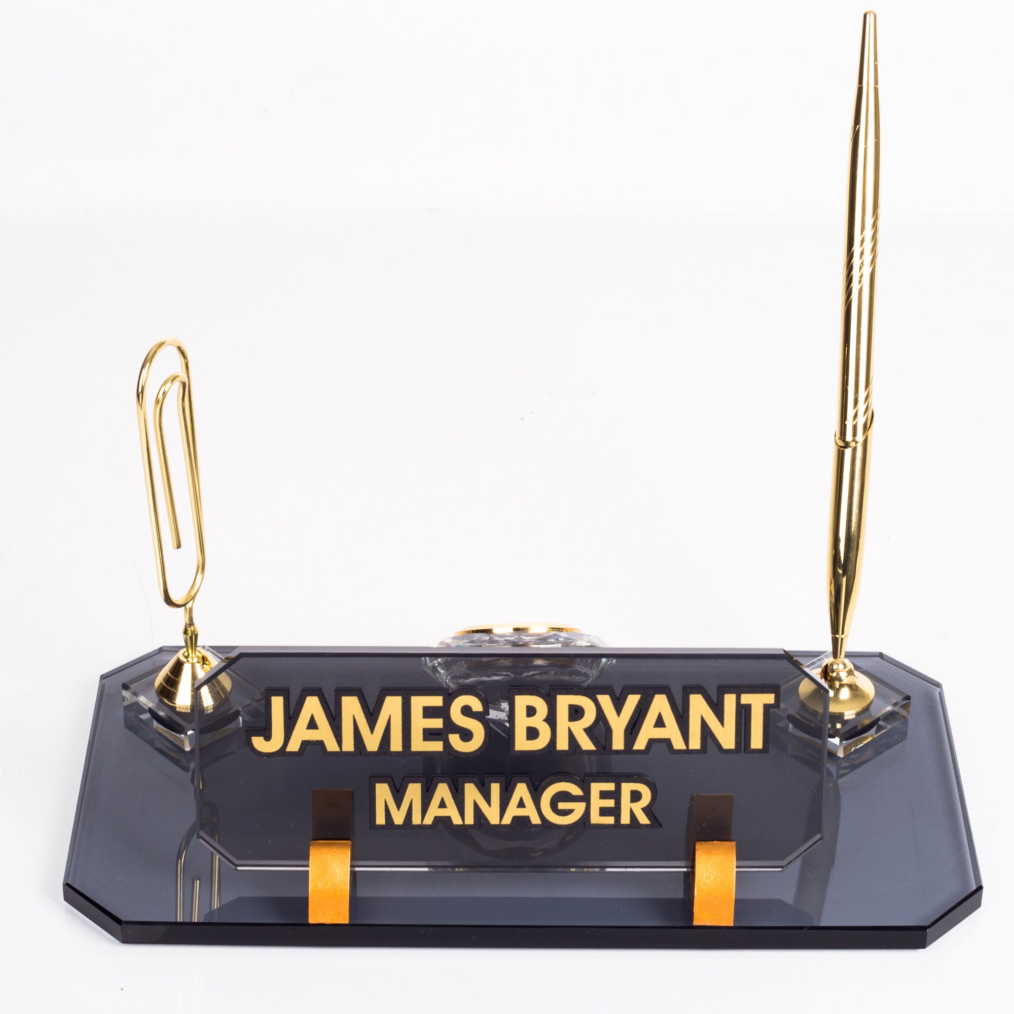 Olympos Crystal Glass Office Name Plate, Office Gift Desk Organizer ...