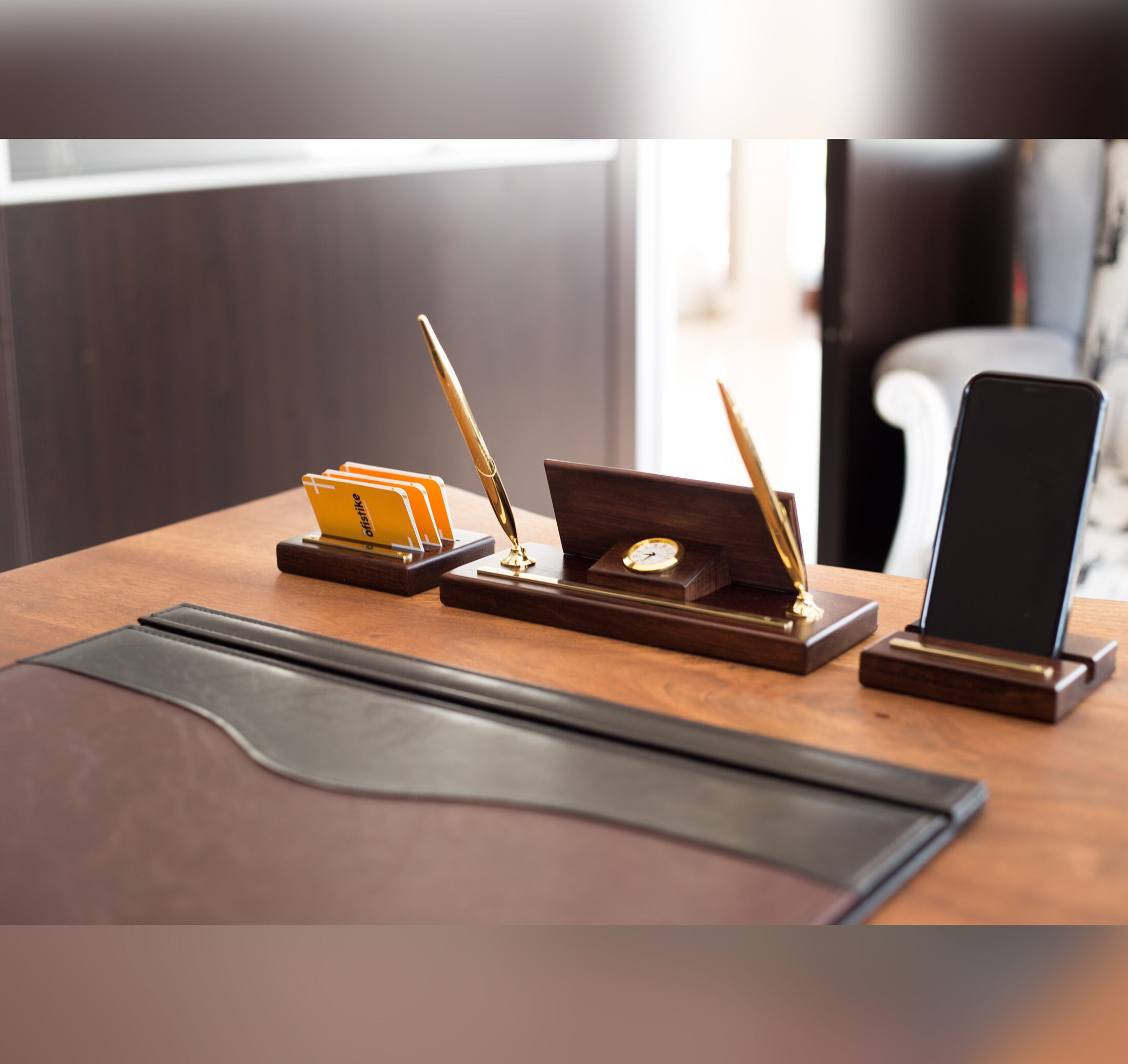 Office Desk Pad and Wood Desk Name Plate Set, Hand Made Solid Name Sign ...