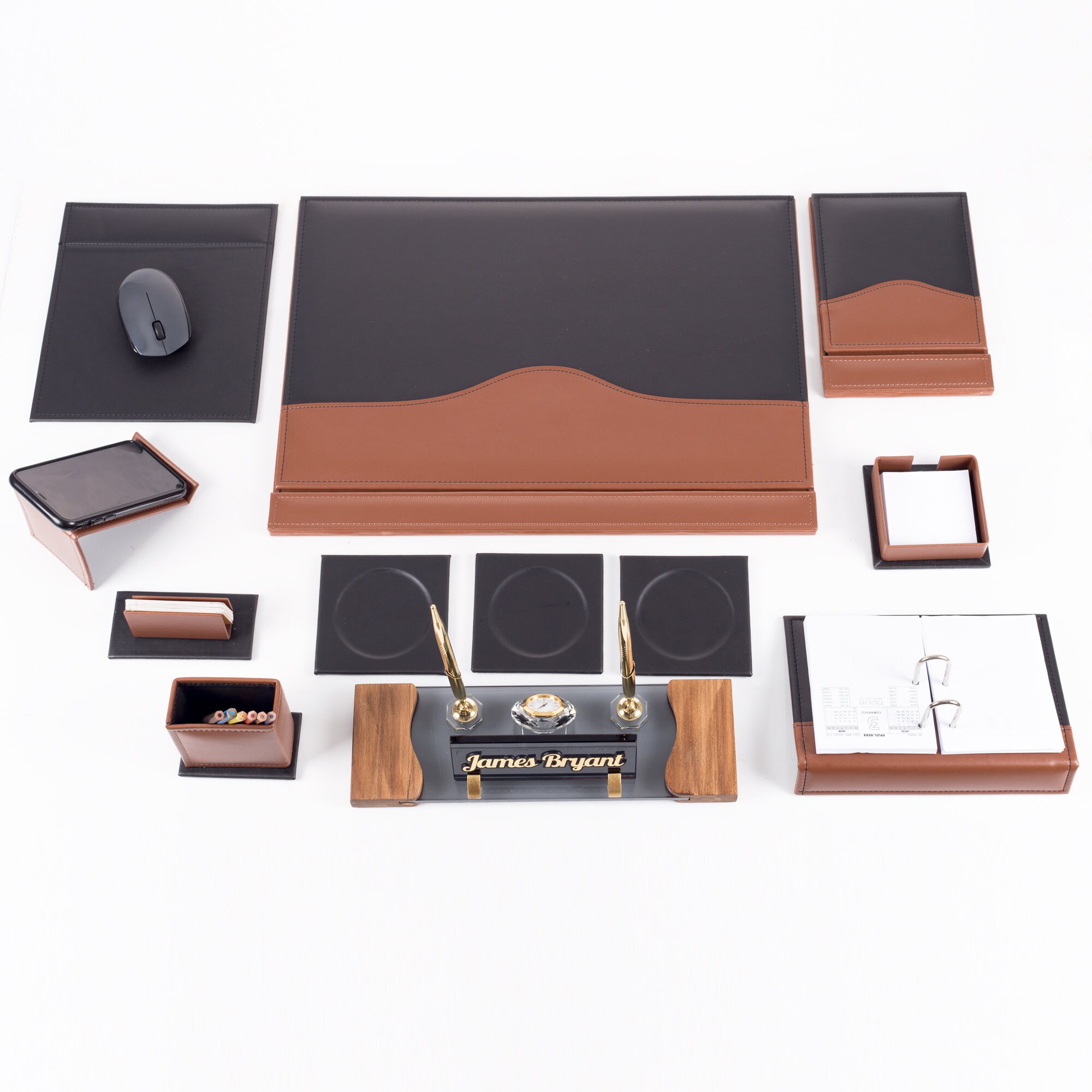 Lux Office Desk Set With Wooden Name Plate, Black Brown Leather Desk ...