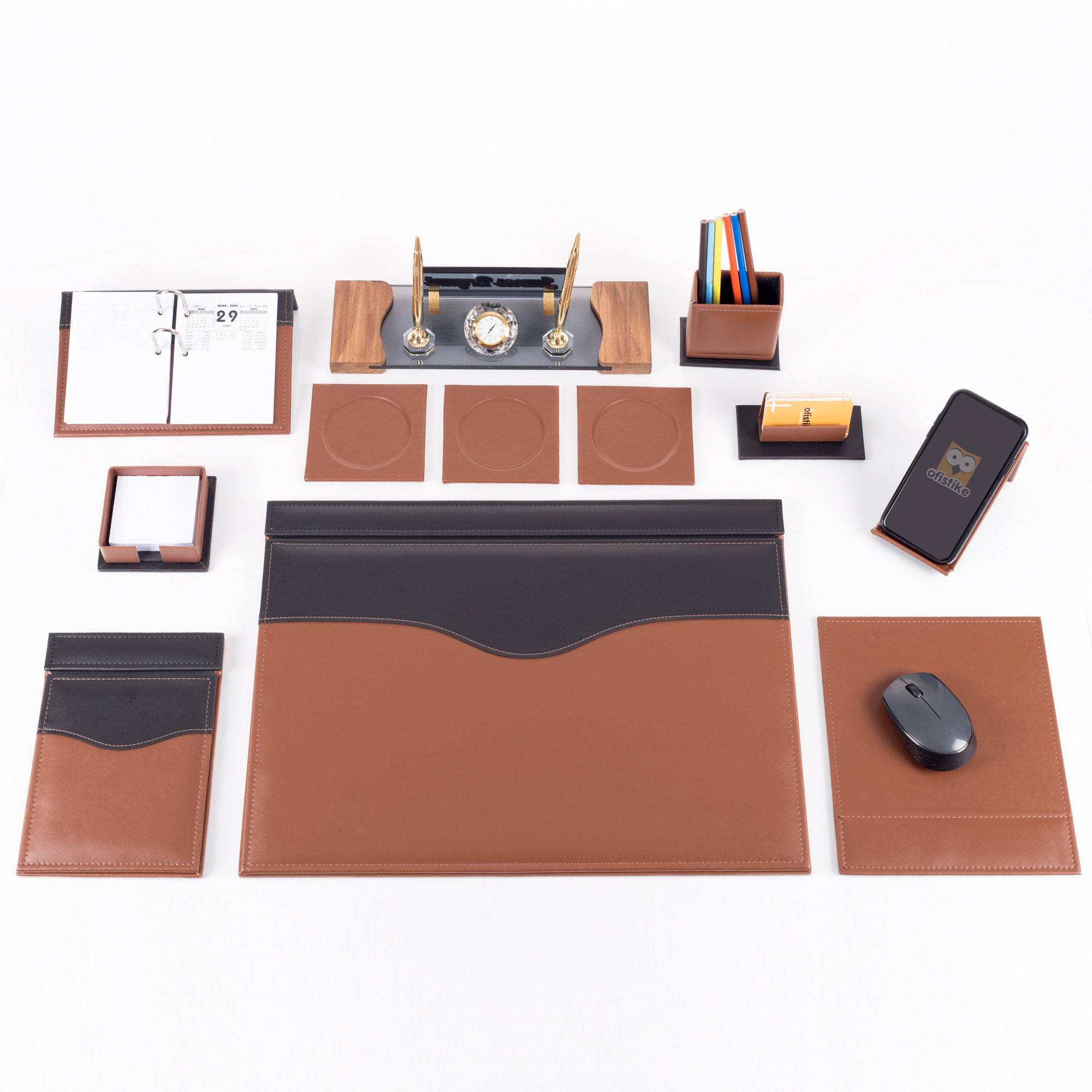 Lux Office Desk Set With Wooden Name Plate, Black Brown Leather Desk ...
