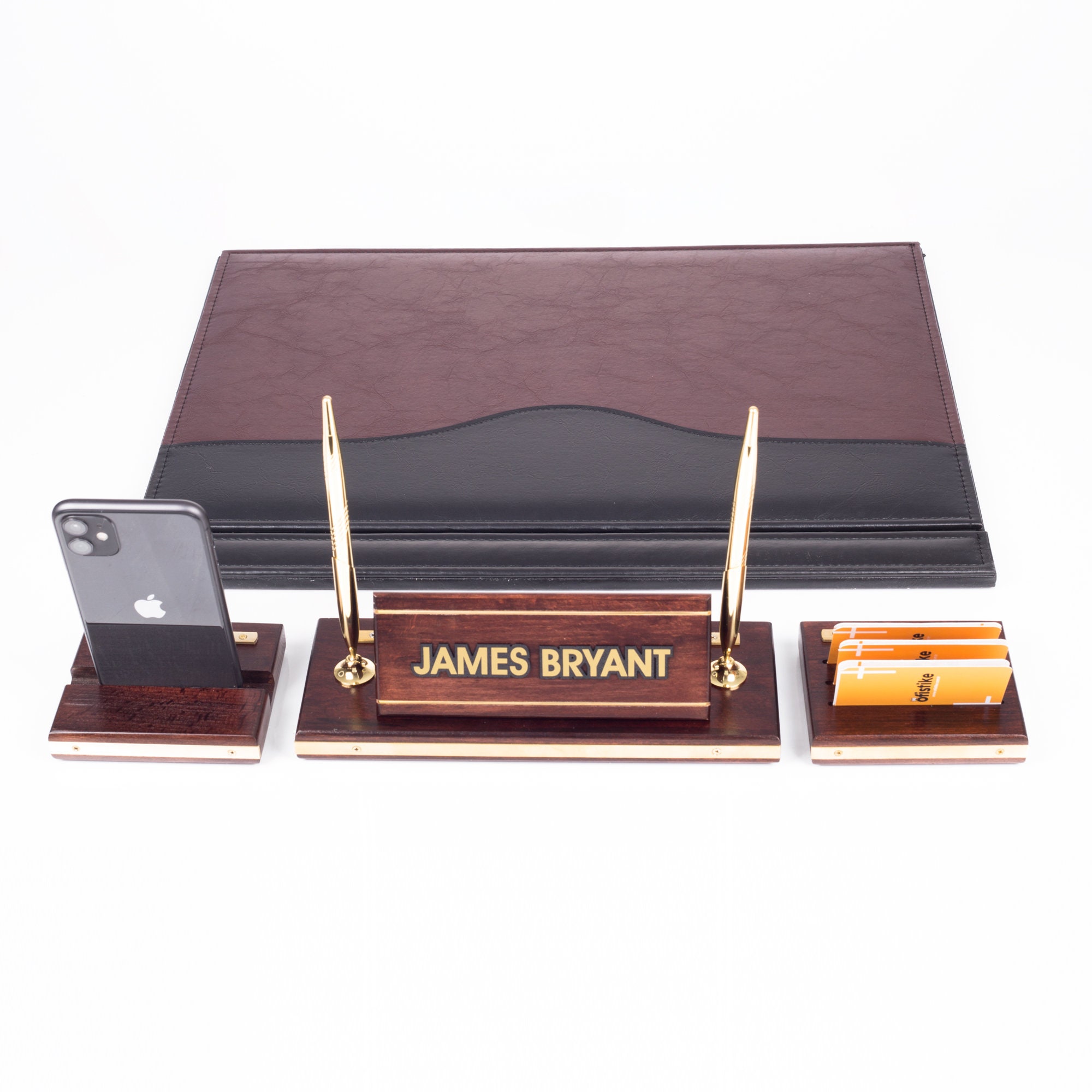 Office Desk Pad and Wood Desk Name Plate Set, Hand Made Solid Name Sign ...