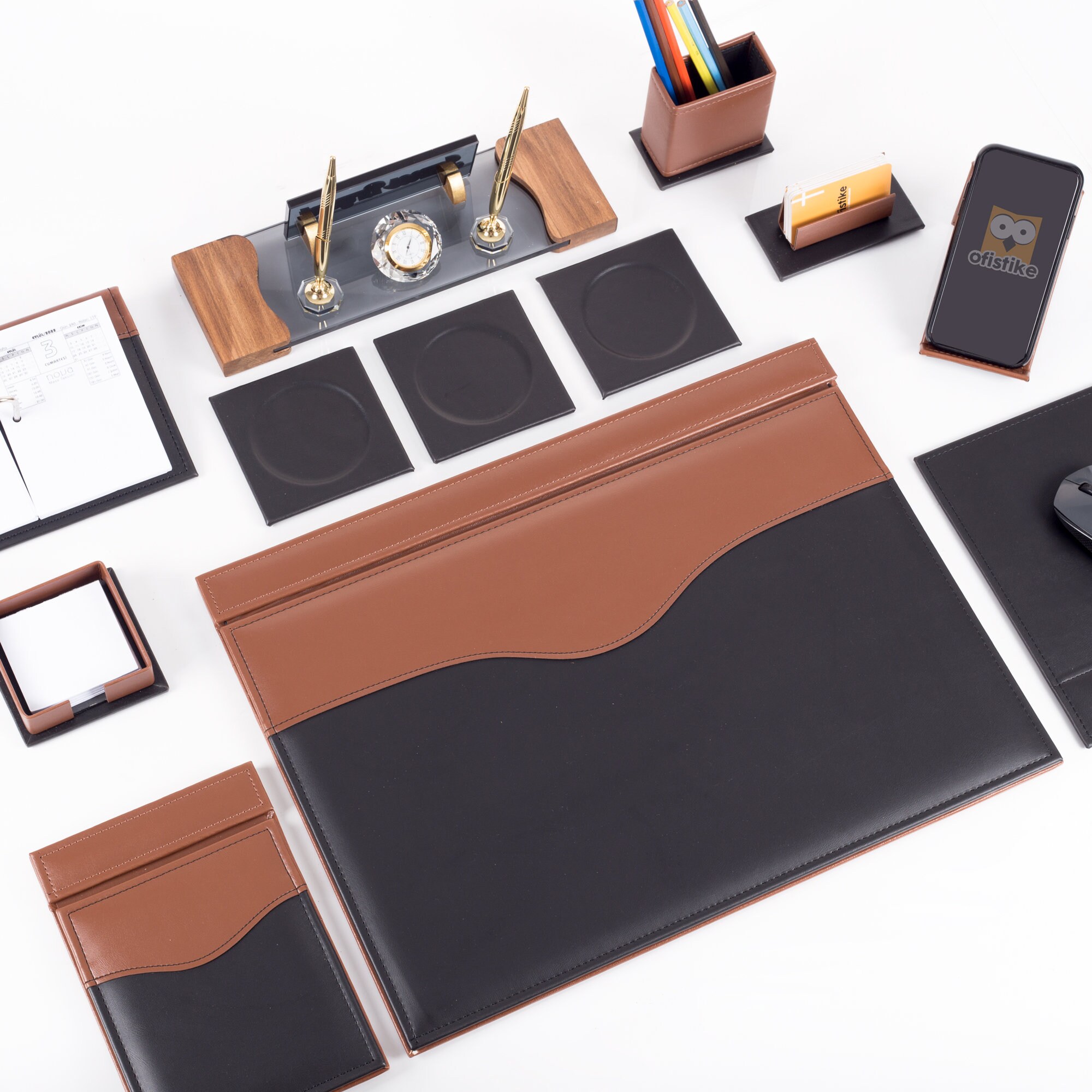 Lux Office Desk Set With Wooden Name Plate, Black Brown Leather Desk ...
