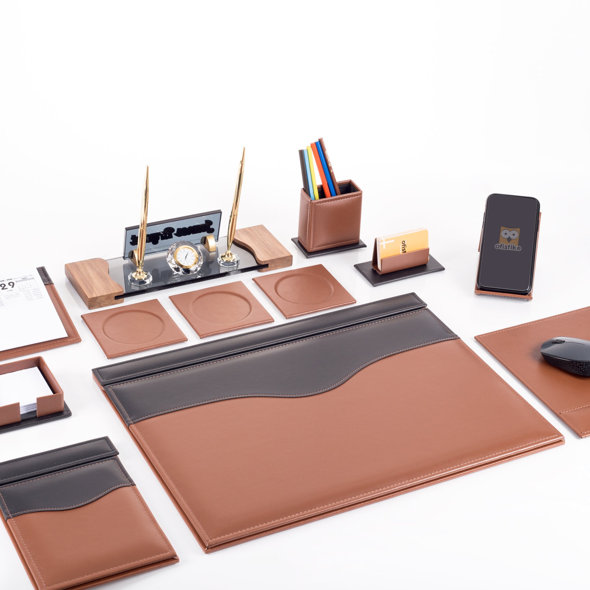 Lux Office Desk Set With Wooden Name Plate, Black Brown Leather Desk ...