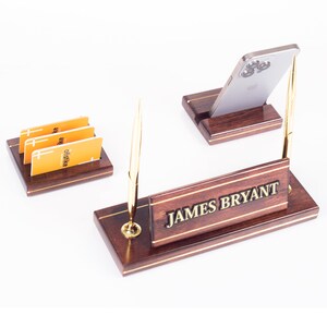 Marble Pattern Wood Desk Name Plate Set Pen and Pen Holder, Gold ...