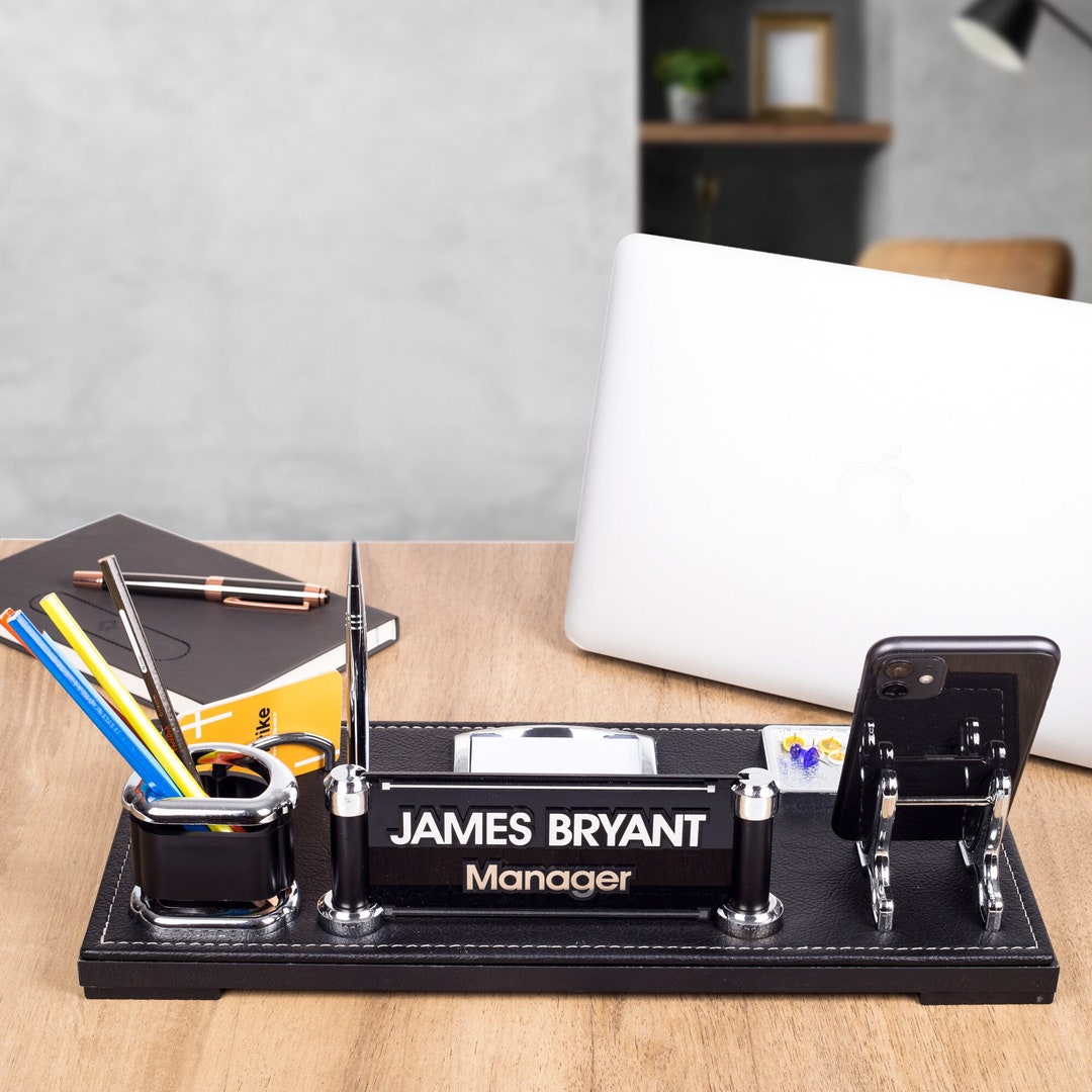 Personalized Black Leather Desk Organizer: Name Plate, Pen & Card ...