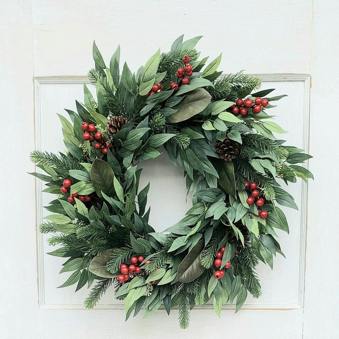 Winter Greenery Wreath With Pinecones and Red Berries, Holiday Pine ...