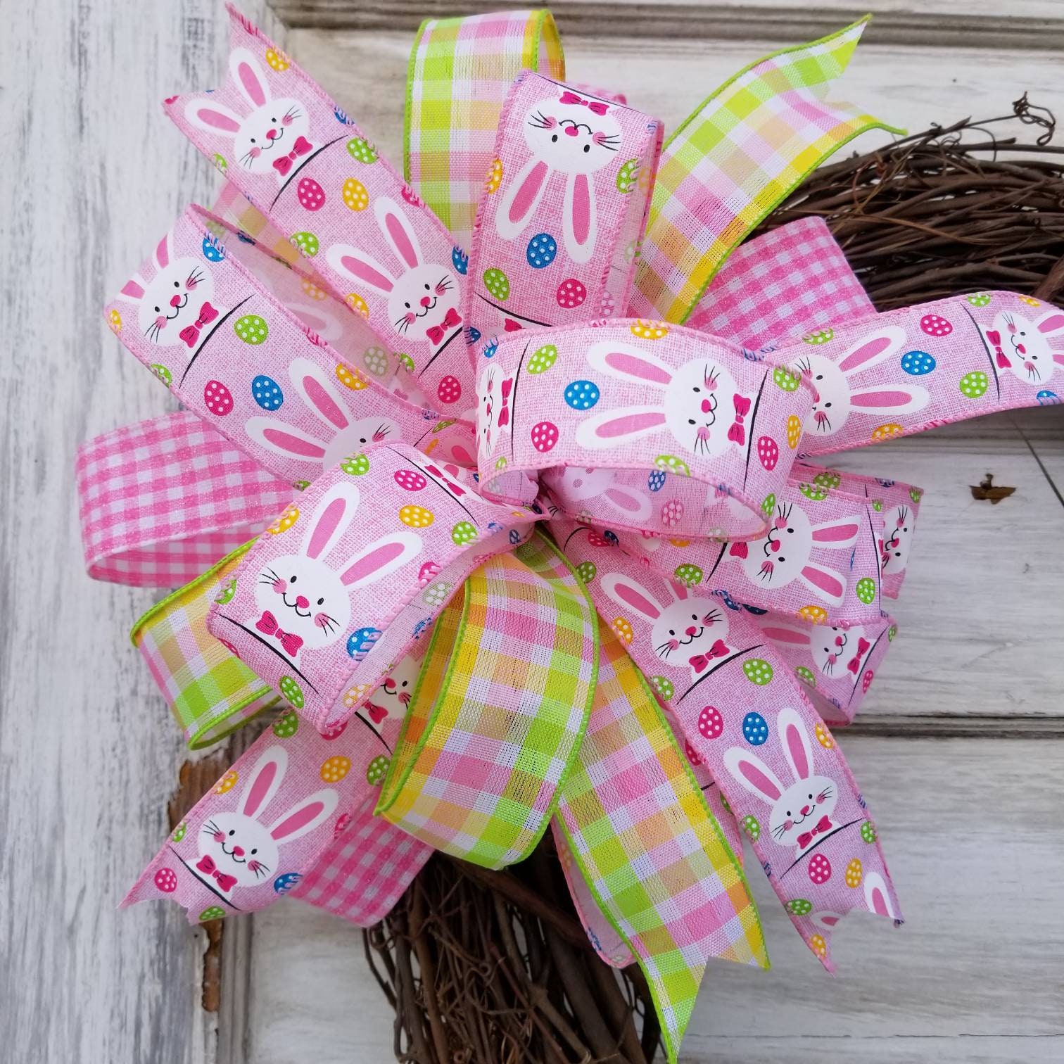 Easter Bow, Easter Wreath Bow, Easter Bunny Bow, Easter Basket Bow, Spring Easter Bow, Gingham ...