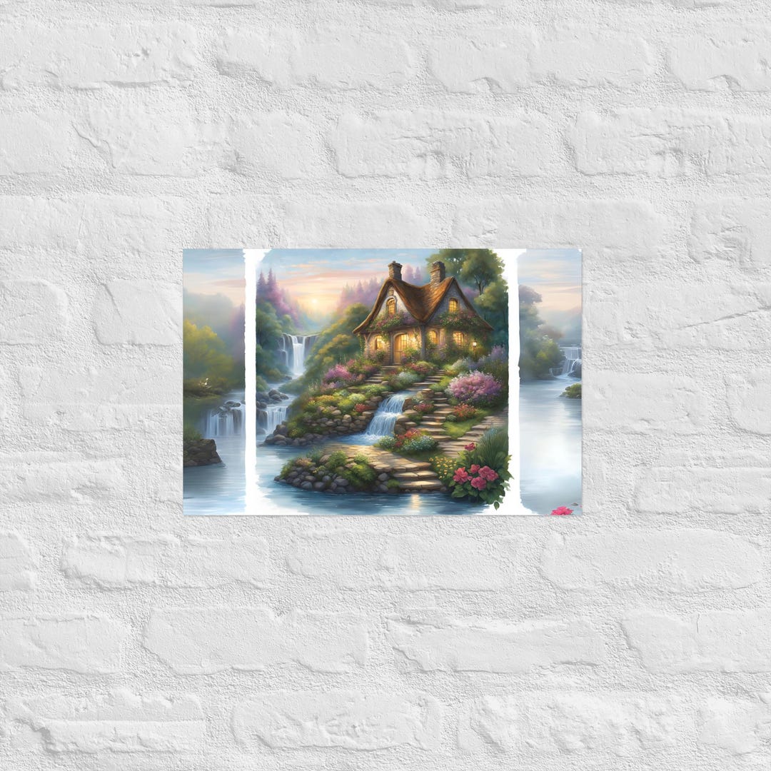 Cottage Waterfall River Scene Poster, Serene Calm Workspace, FREE ...
