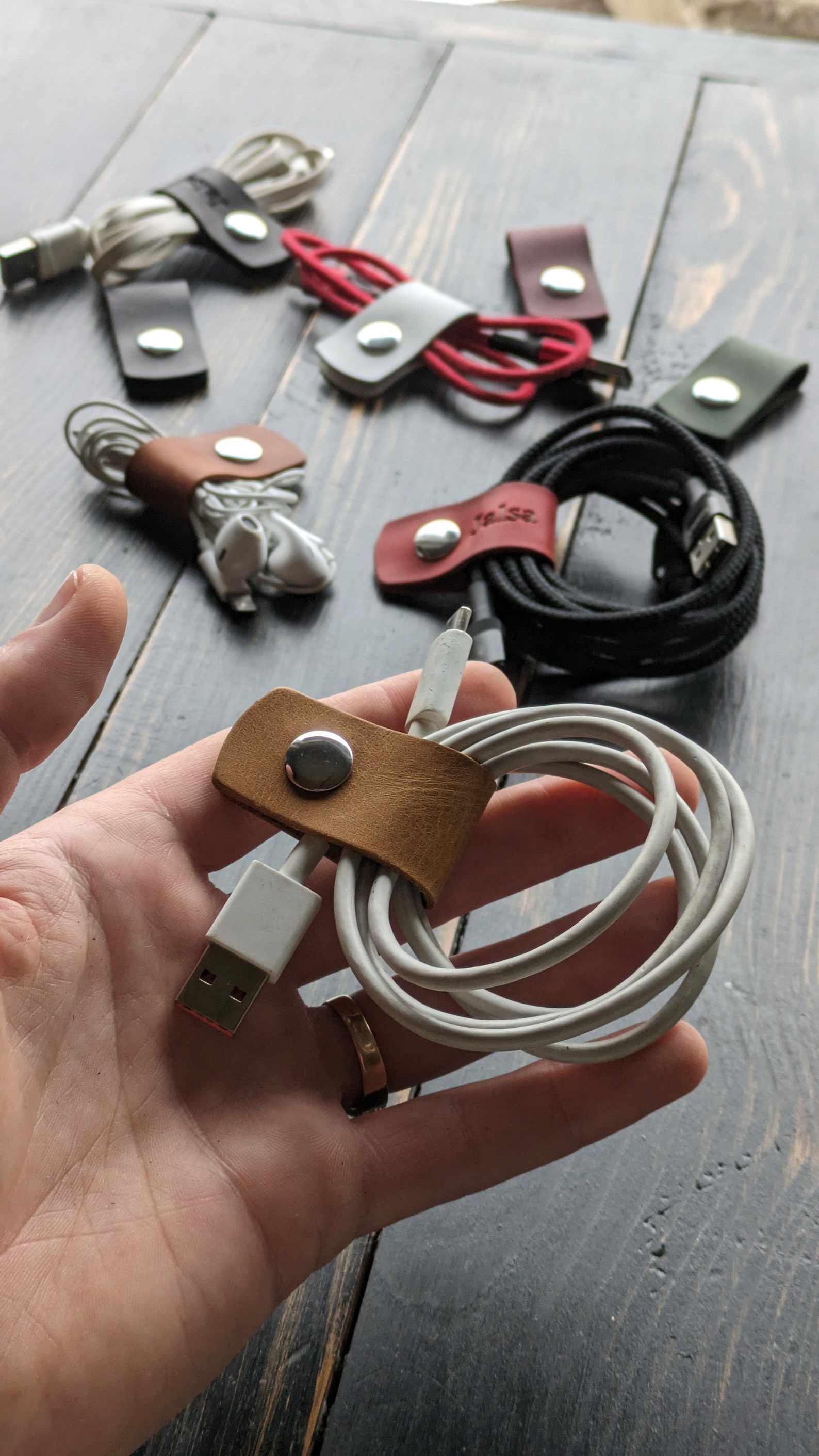 Green Leather Cable Organizer, Cord Keeper, Earphone Headphone Holder ...