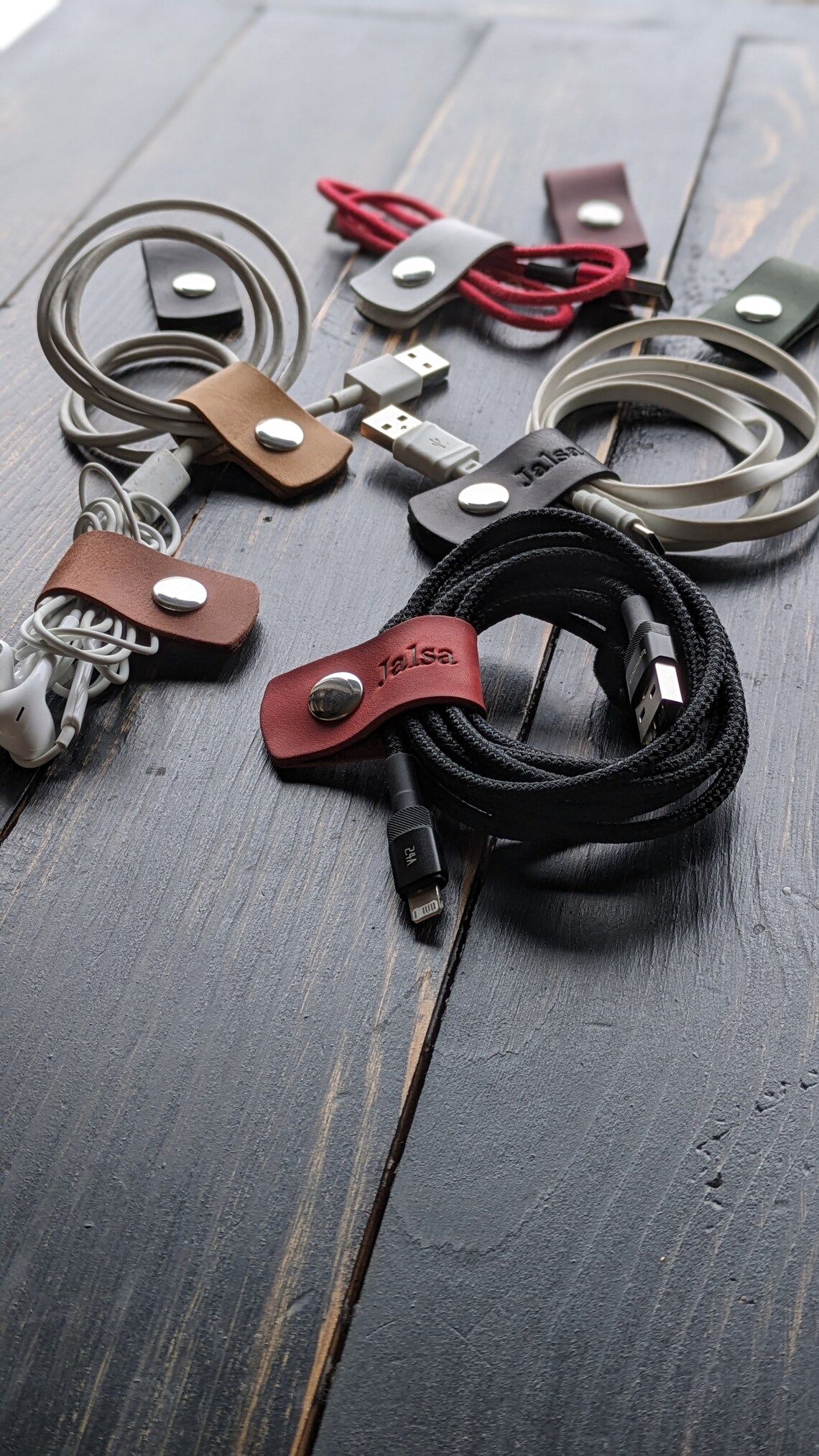 Green Leather Cable Organizer, Cord Keeper, Earphone Headphone Holder ...