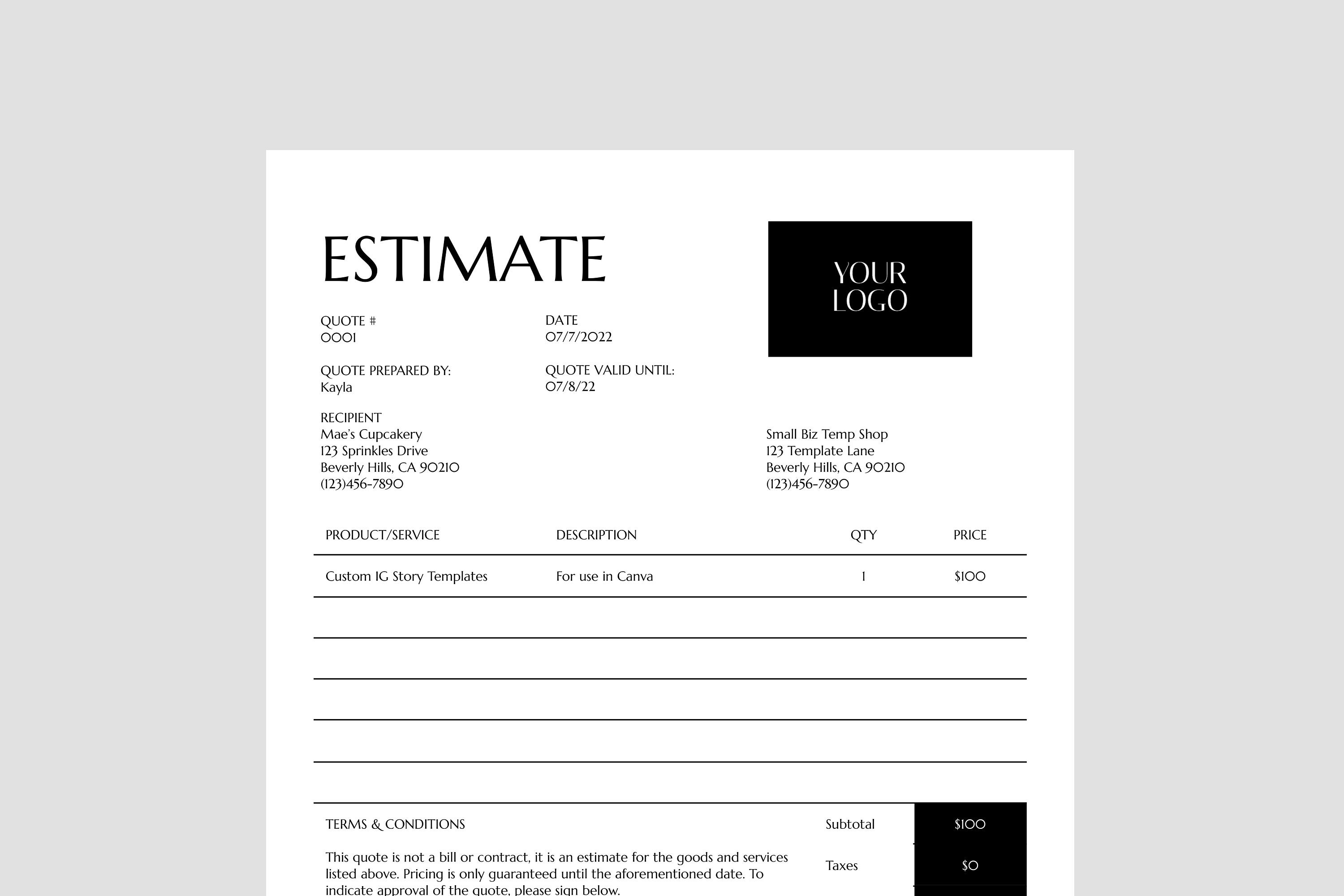 Estimate Template for Word | Google Docs | Acrobat Reader - Etsy