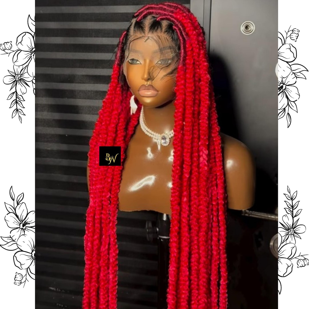 Red Dark Root Large Faux Locs, Full Lace Front Colored Braids Wig ...