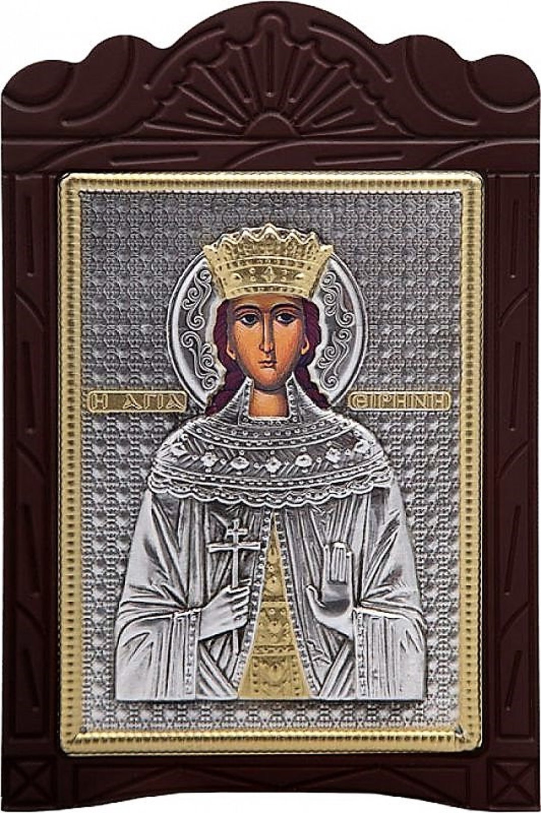 Wood-carved Icon Saint Eirini With Frame in Brown Color With 925 Silver ...