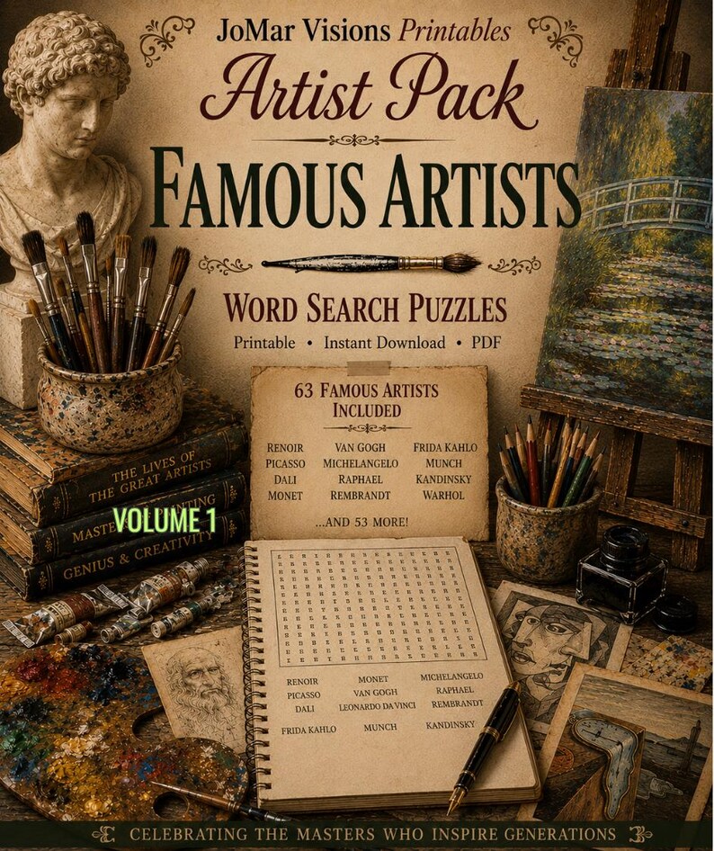 21 Printable Word Search Puzzle Games- Artist Pack- Famous Artists Vol ...