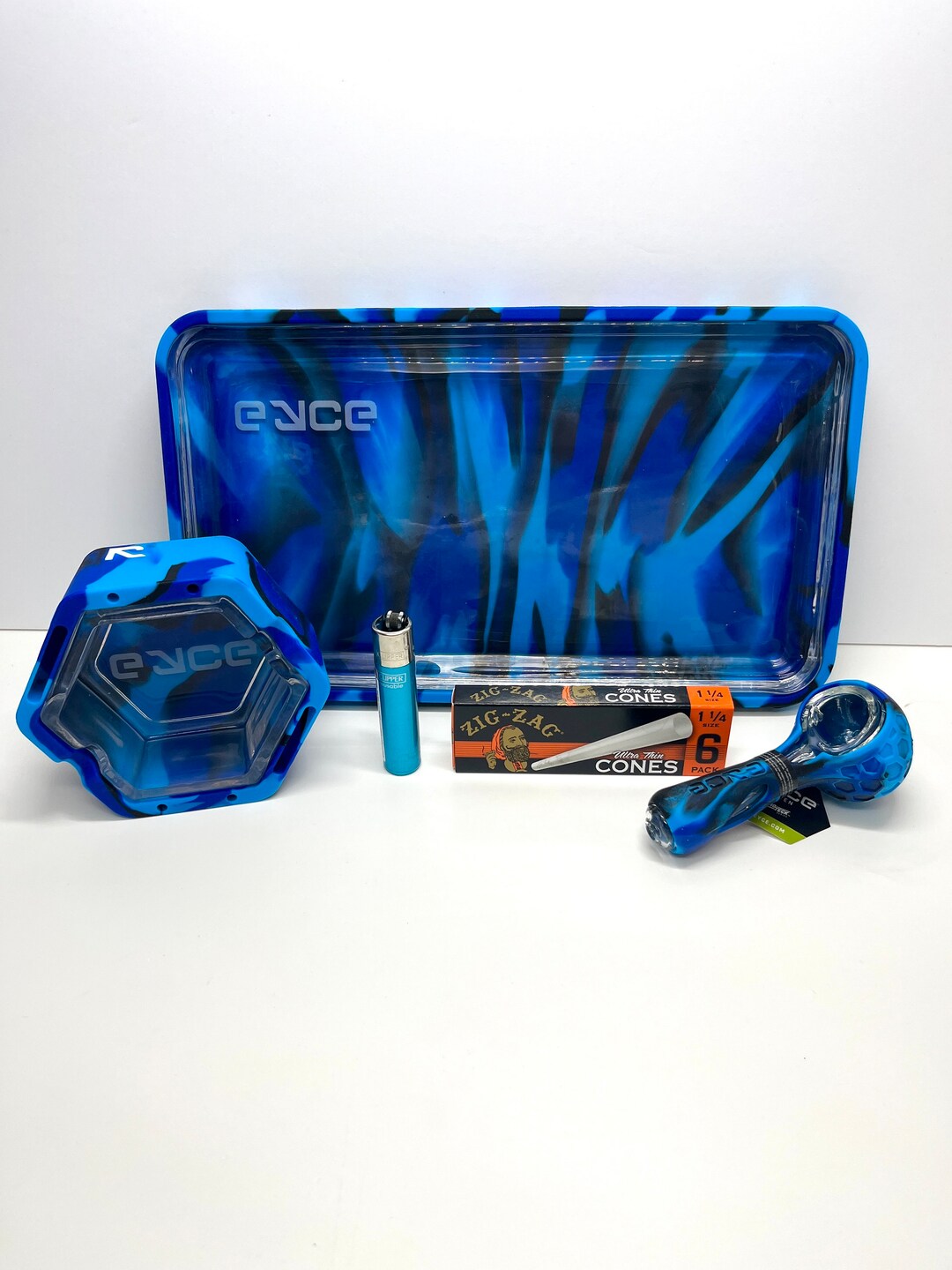 All Blue Smoker Gift Set, 2 in 1 Glass Rolling Tray & Ash Tray ...