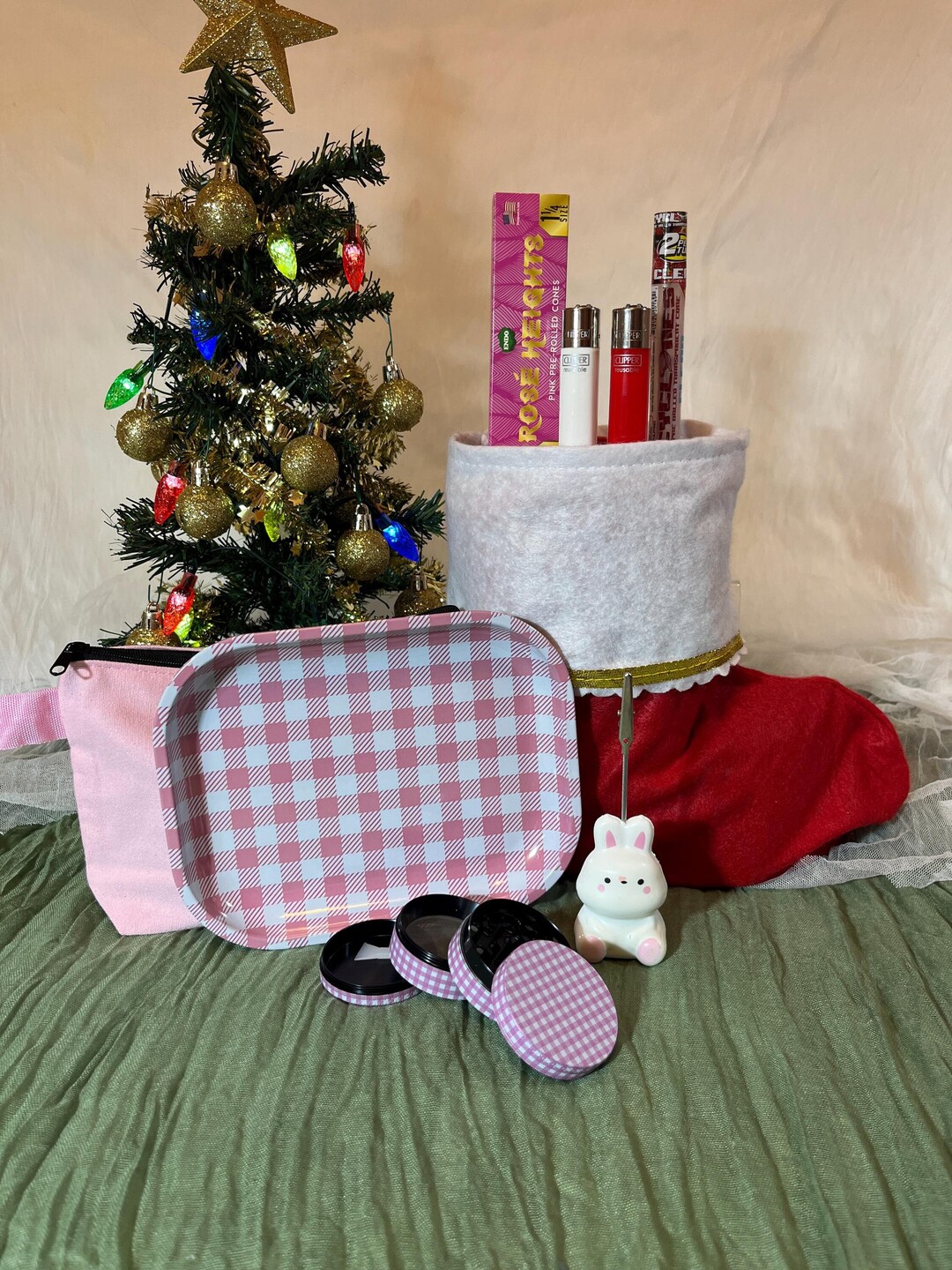 Pink Plaid Smokers Kit Pink Gingham Grinder Set Cute Bunny Clip ...