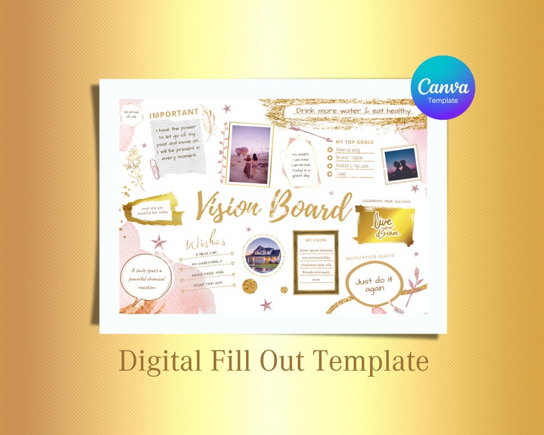 Vision Board Poster Canva Pro Template, DIN Size, Poster, Golden ...