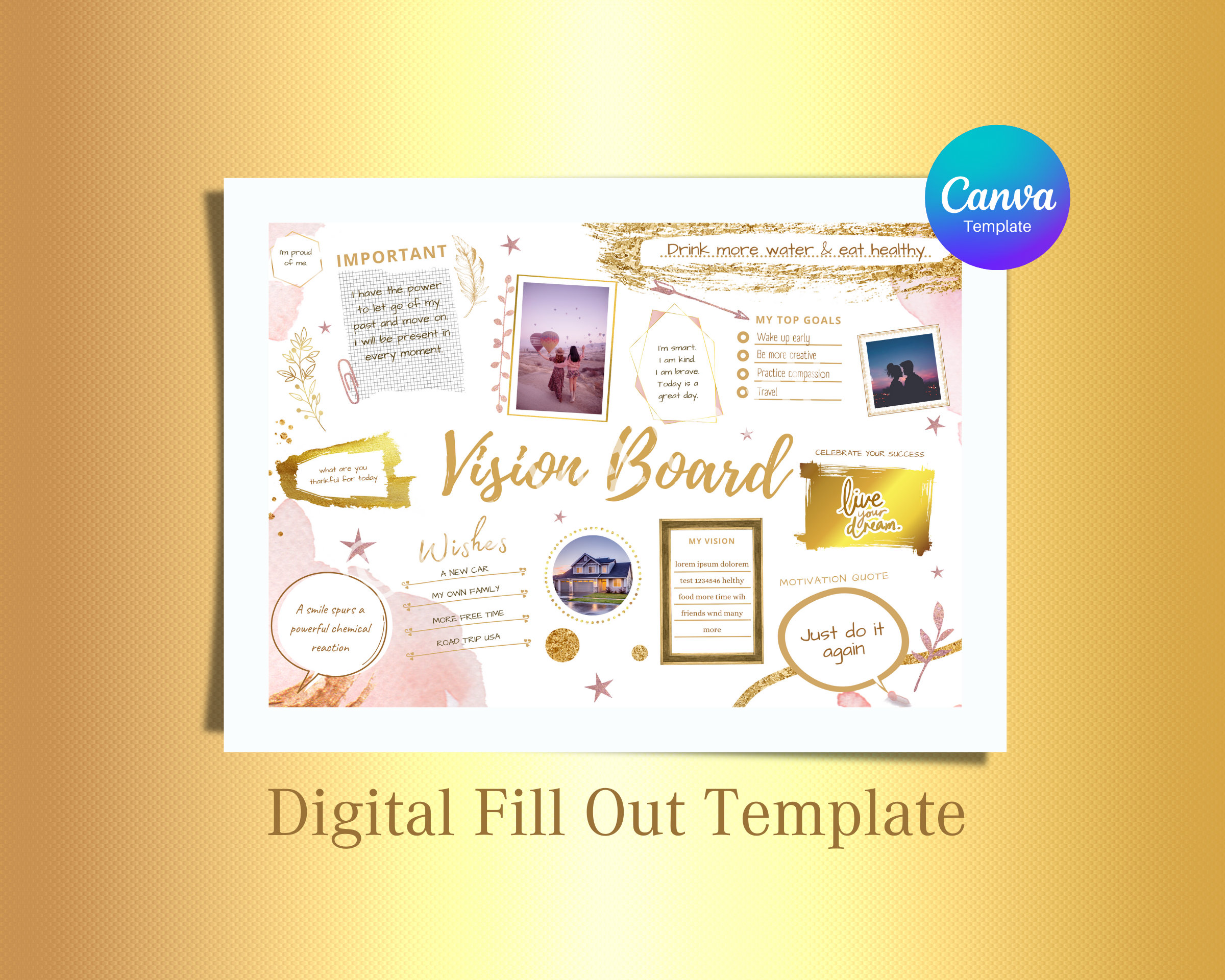 Vision Board Poster Canva Pro Template, DIN Size, Poster, Golden ...