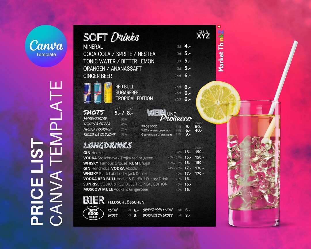 Price List Drinks Card Menu Din A4 Canva Template Bar Club Party Disco ...