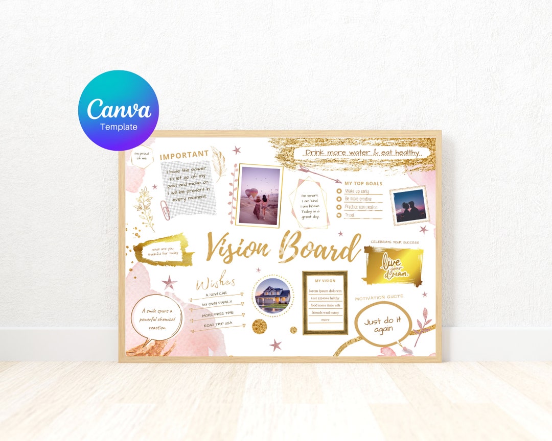 Vision Board Poster Canva Pro Template, DIN Size, Poster, Golden ...