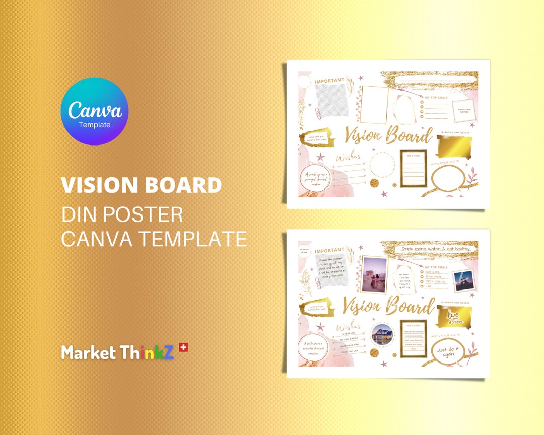 Vision Board Poster Canva Pro Template, DIN Size, Poster, Golden ...