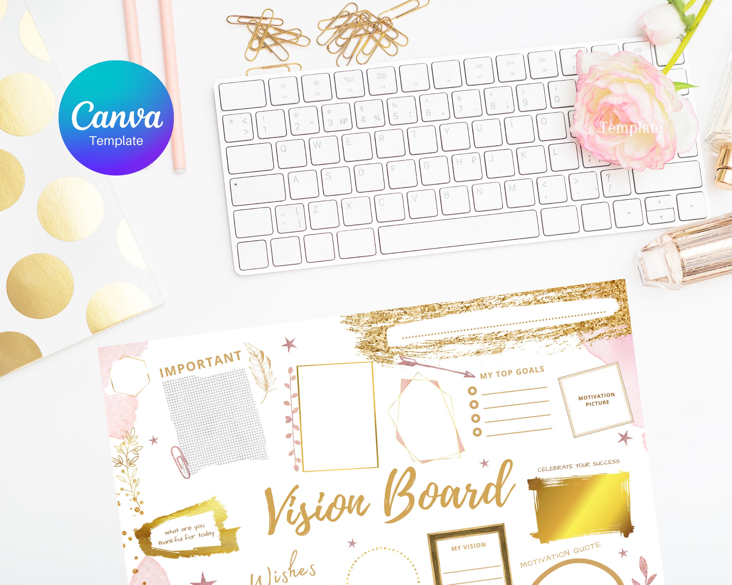 Vision Board Poster Canva Pro Template, DIN Size, Poster, Golden ...