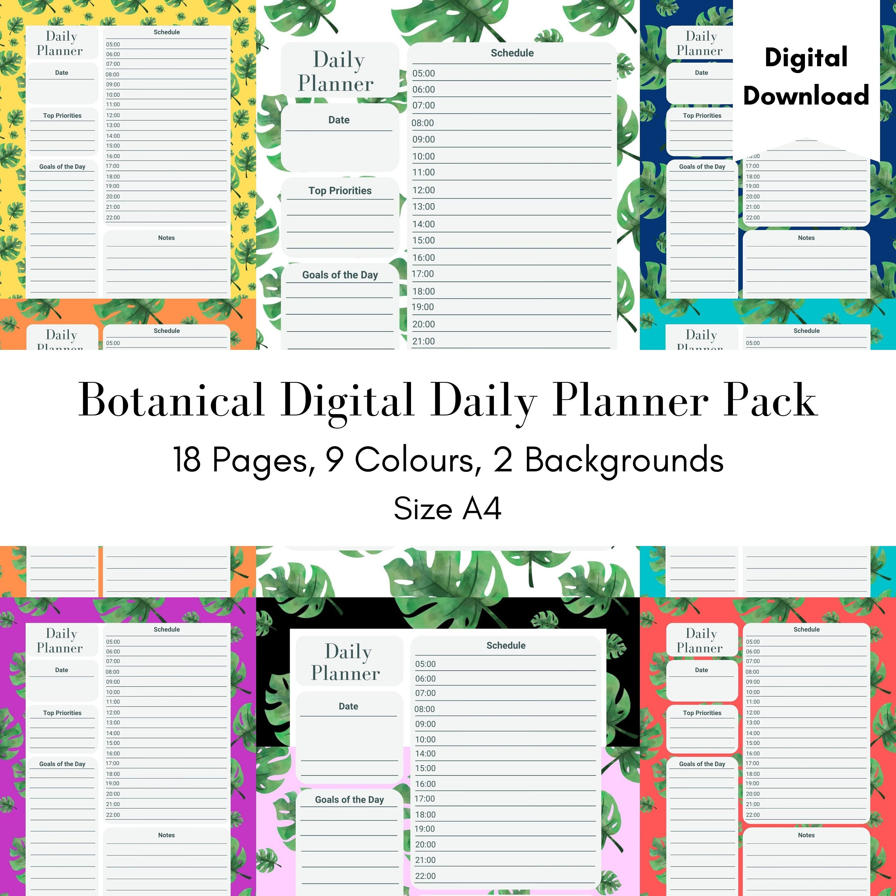 Botanical Digital Daily Planner Pack, 18 Pages, 9 Colours. 2 Styles, A4 ...