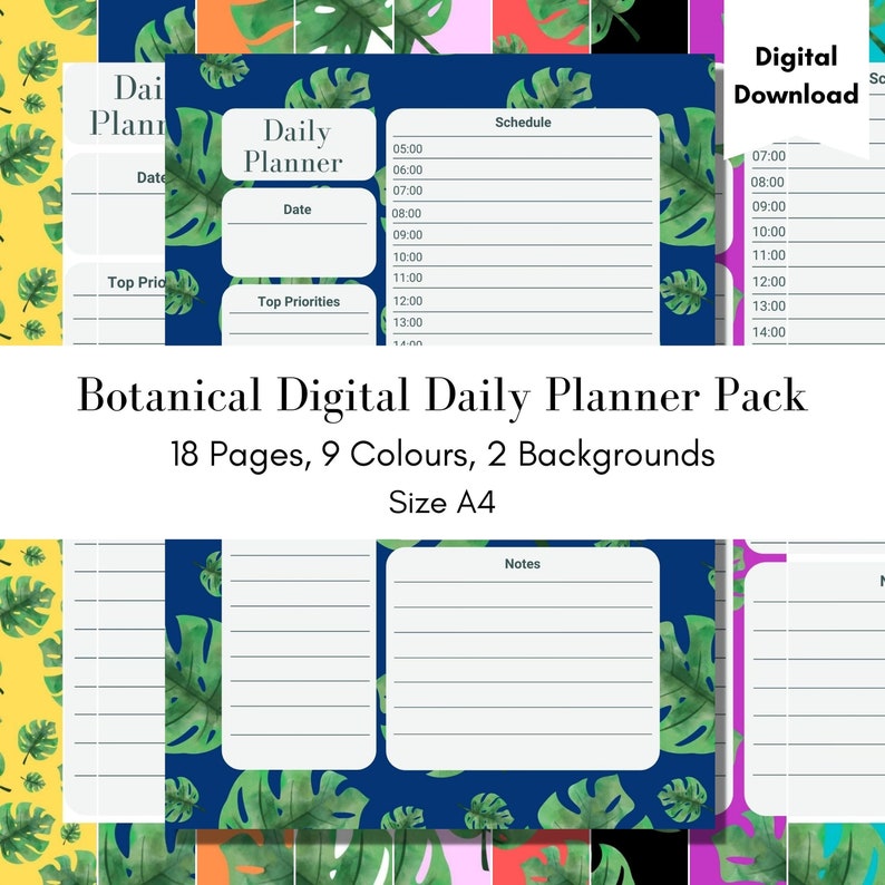 Botanical Digital Daily Planner Pack, 18 Pages, 9 Colours. 2 Styles, A4 ...