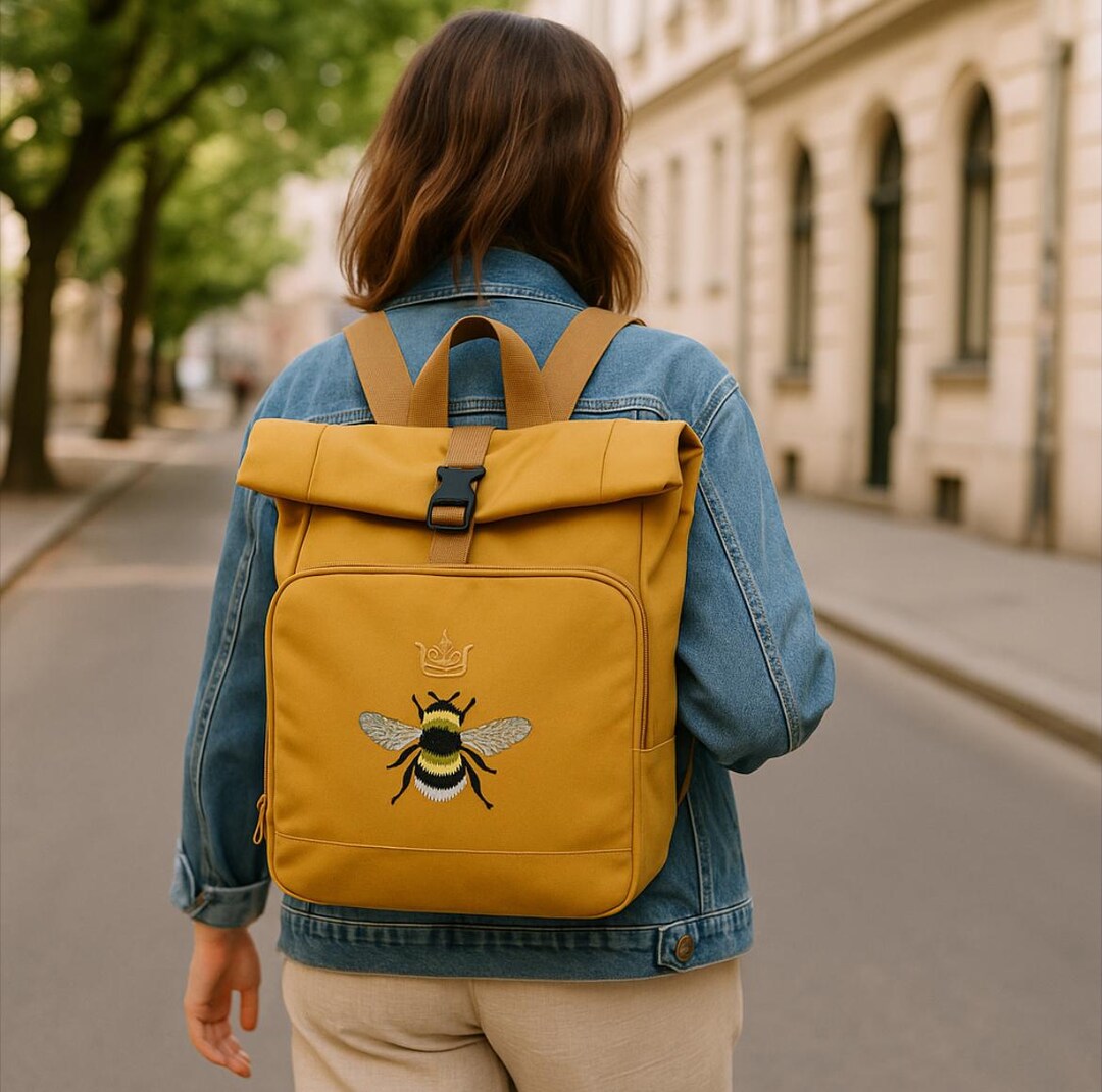 Embroidered Bee Backpack, Roll Top Backpack, Embroidered Backpack ...
