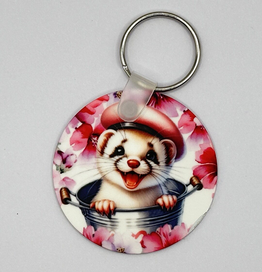 Round Aluminum Keychain With a Ferret Wearing in a Bucket - Etsy