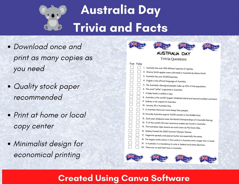 Australia Day, Trivia and Facts, Australia Party Game, Aussie Celebration, Senior Adult Brain ...
