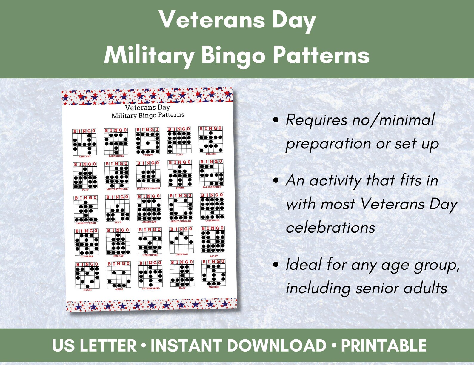 Veterans Day Bingo Patterns, Military Theme (printable PDF) - Etsy