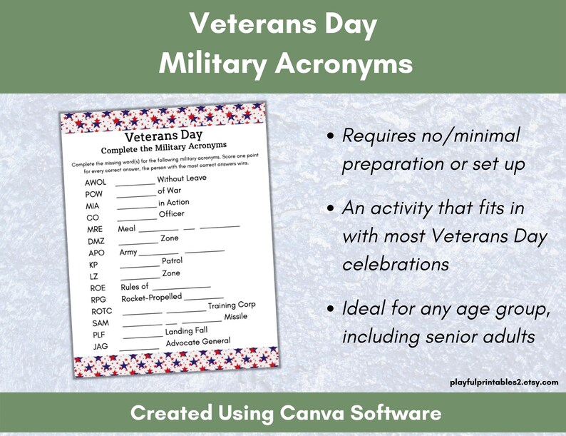 Veterans Day, Fill in the Blank, Military Acronyms, Word Game ...