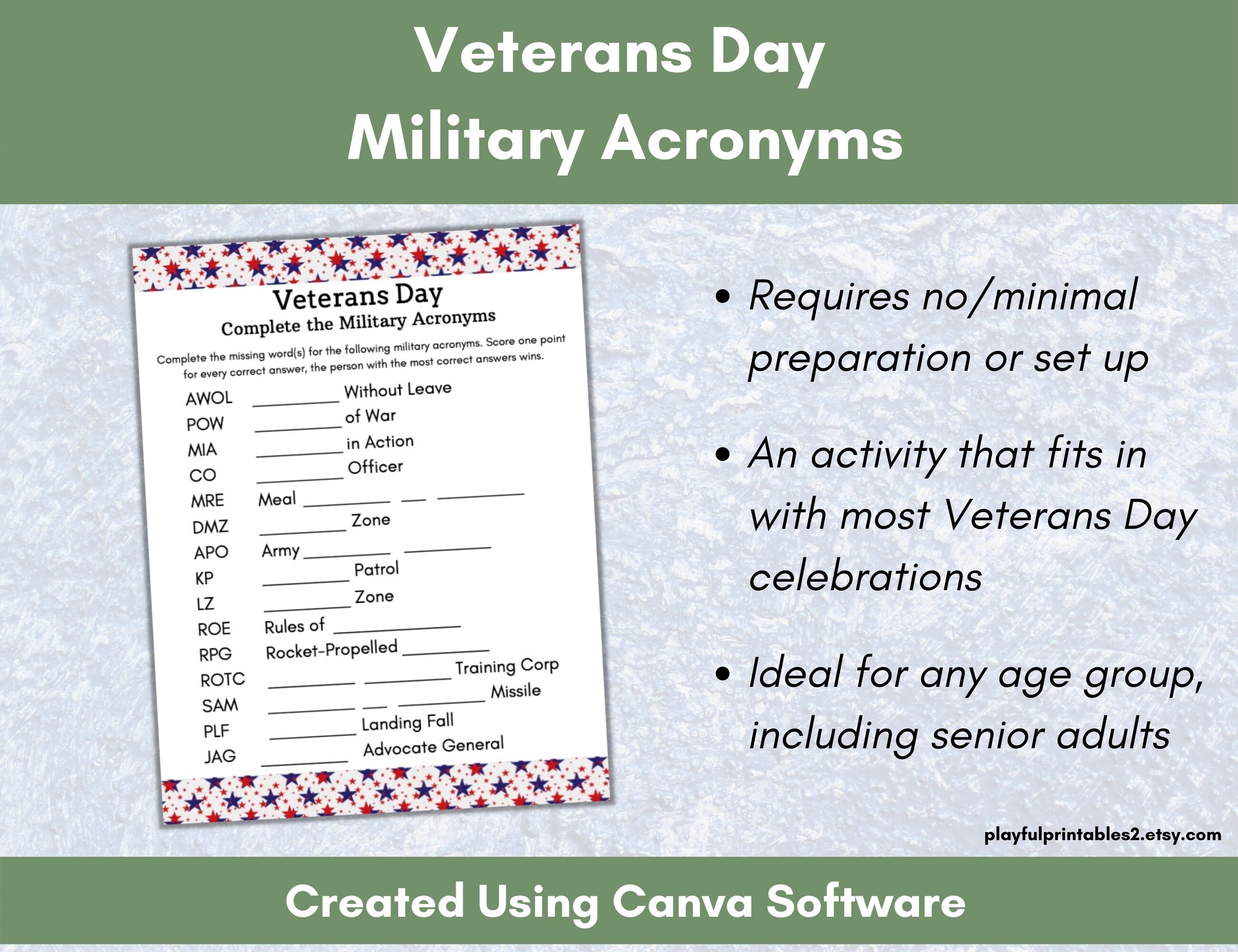 Veterans Day, Fill in the Blank, Military Acronyms, Word Game ...
