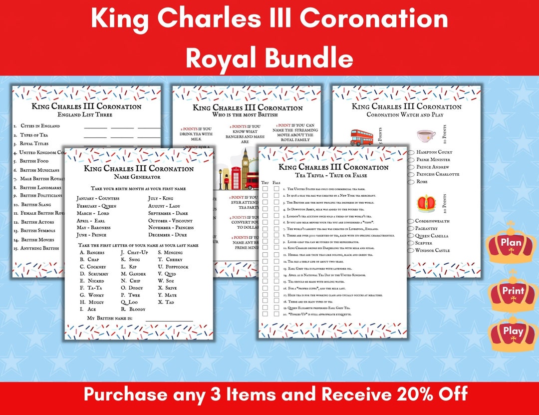 King Charles III Coronation Games Bundle, Royal Party Trivia (PDF) - Etsy