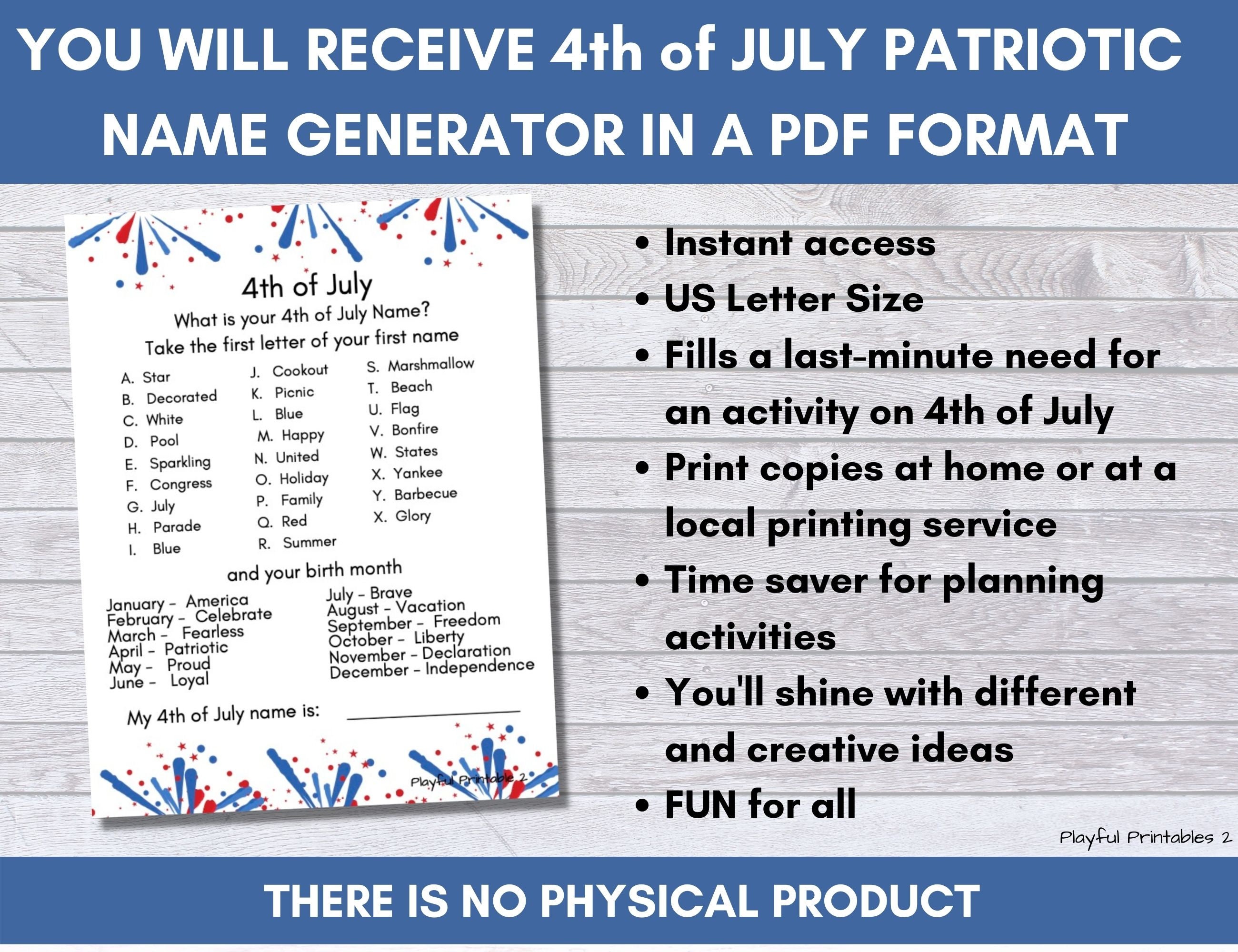 4th of July Name Generator, 4th of July Party Game, Printable Activity ...