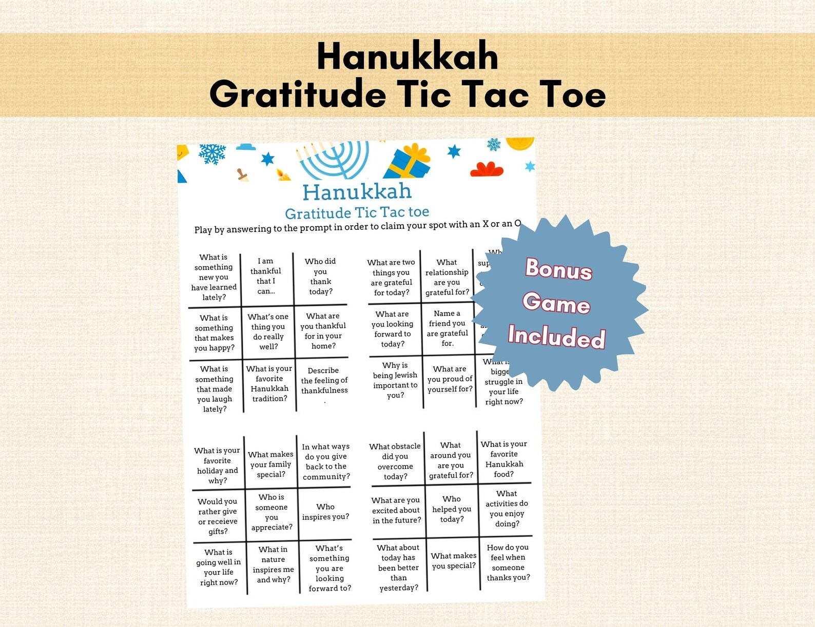Hanukkah Gratitude, Tic Tac Toe Game, Jewish Holiday Celebration ...