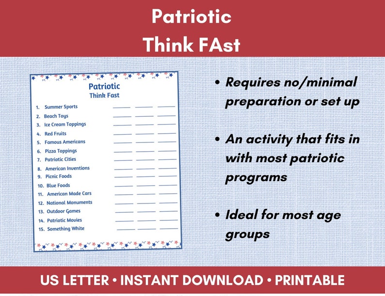 Patriotic Think Fast, Patriotic Party Game, Independence Day, Memorial ...