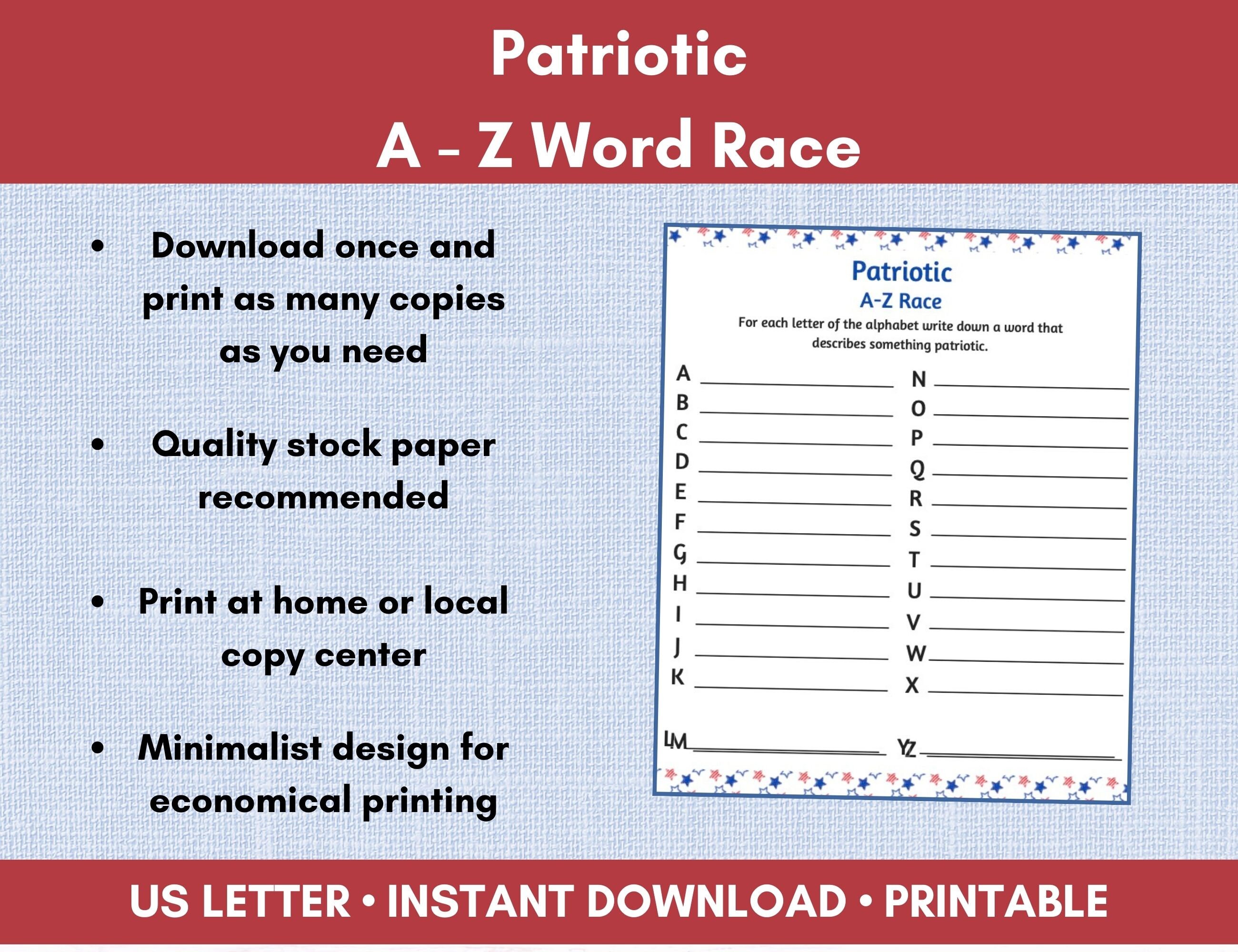 Patriotic A-Z Word Race, Patriotic Party, 4th of July, Memorial Day ...