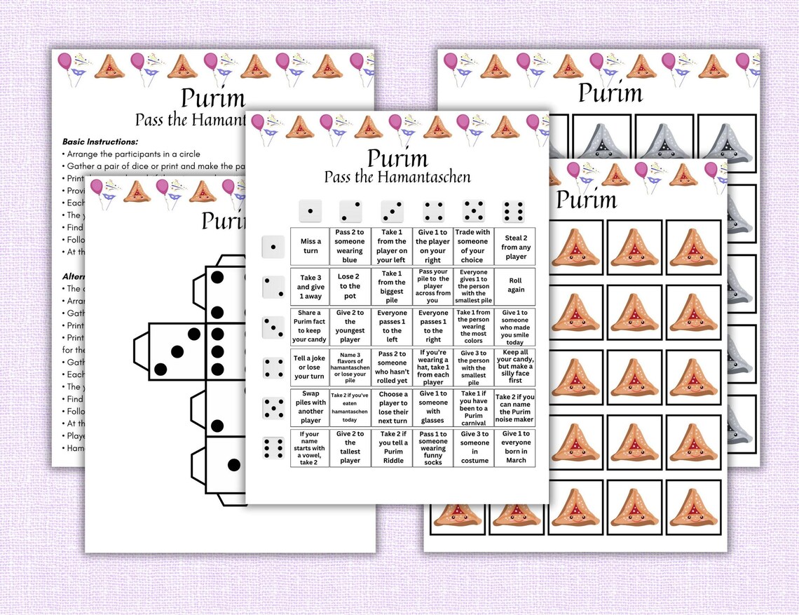 Purim Pass the Hamantaschen Dice Game, Jewish Holiday (printable PDF ...