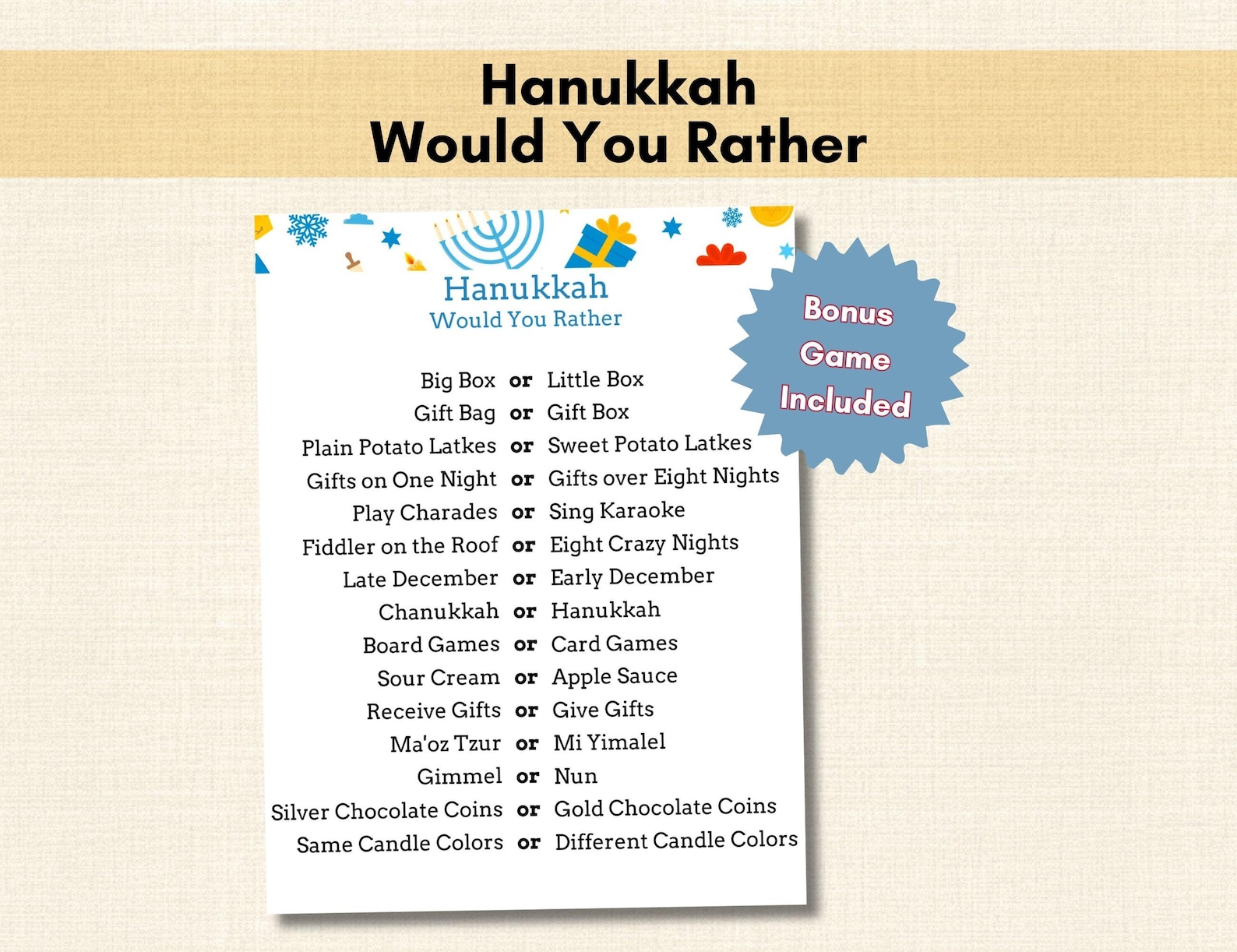 Hanukkah Would You Rather Game, Jewish Holiday Party (printable PDF) - Etsy