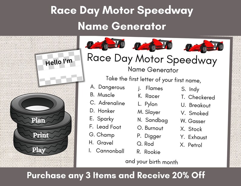 Race Day, Name Generator, Motor Speedway, Race Car Game, Race Car Party ...