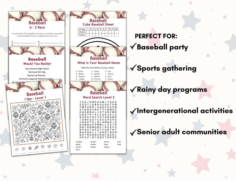 Baseball Party Printables, Bundle, I Spy, Word Search, Would You Rather ...