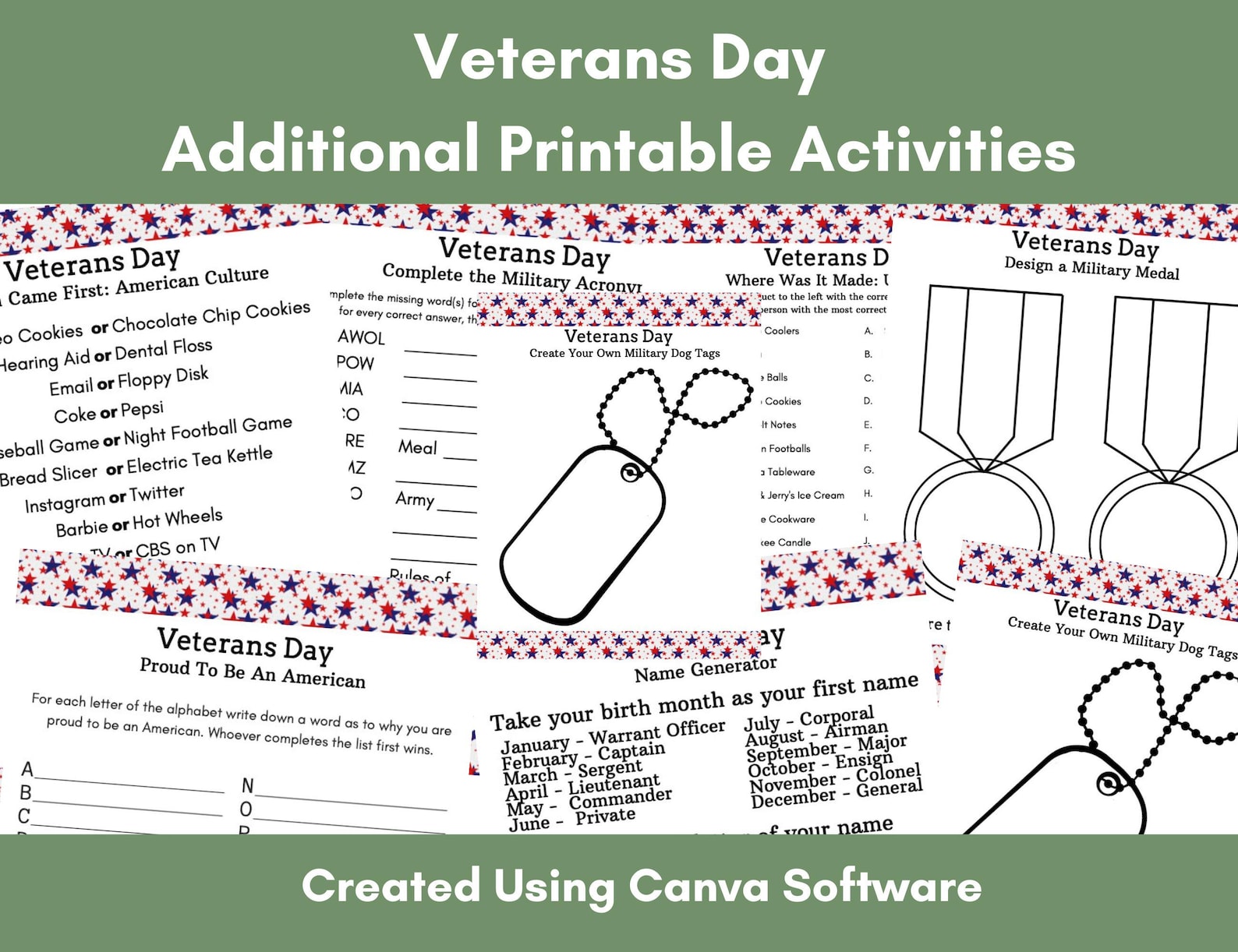 Veterans Day Bingo Patterns, Military Theme (printable PDF) - Etsy